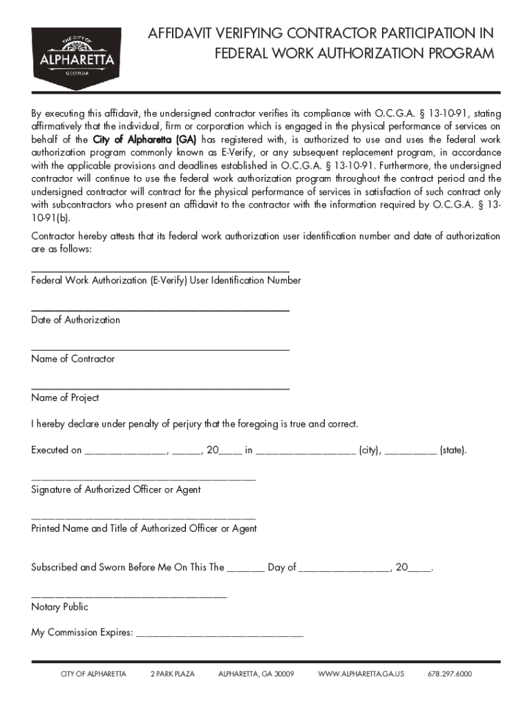 Fillable Online mss alpharetta ga contractor affidavit and agreement ...