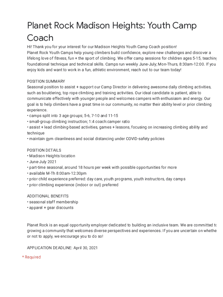 Fillable Online Planet Rock Madison Heights: Youth Camp Coach Fax Email Print - pdfFiller