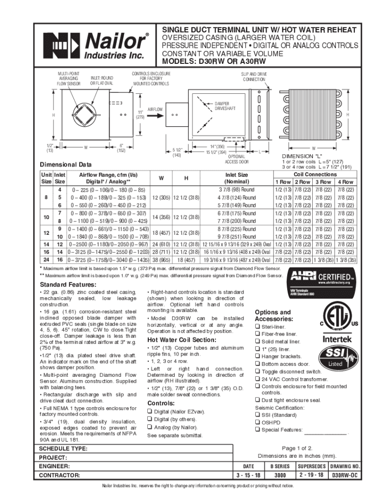 Fillable Online D30RW-OC orA30RW-OC. Single Duct Terminal Unit with Hot ...