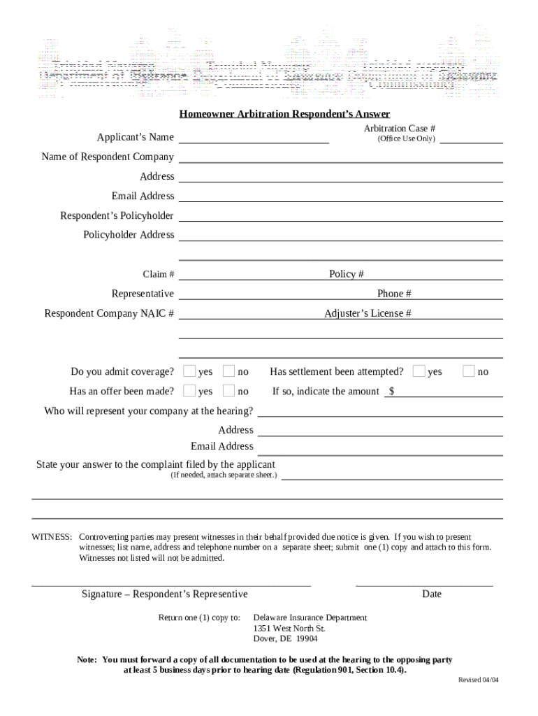 Homeowner Arbitration Respondent's Answer Doc Template | pdfFiller