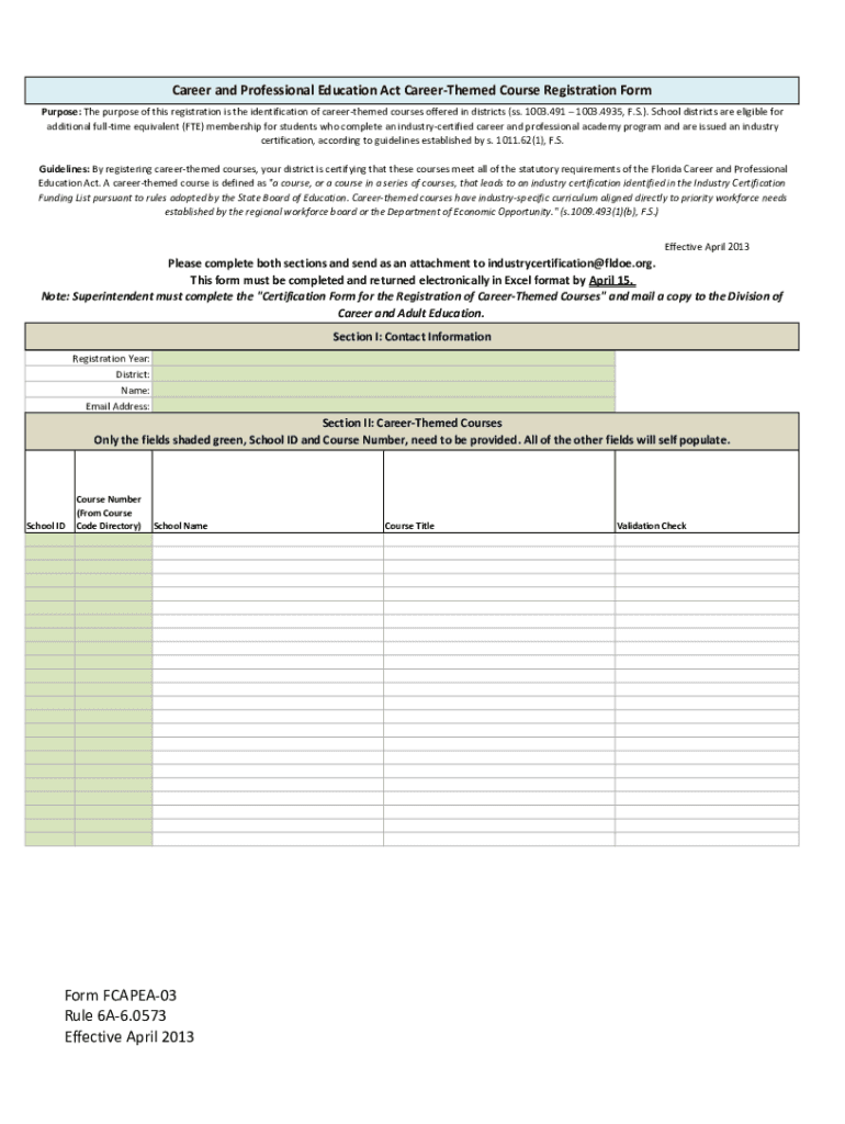 Fillable Online CAPE Career-themed Course Reg Form 1713.xlsx Fax Email ...