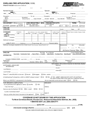 Fillable Online DWELLING FIRE APPLICATION (10/06) COVERAGE IS ... Fax ...