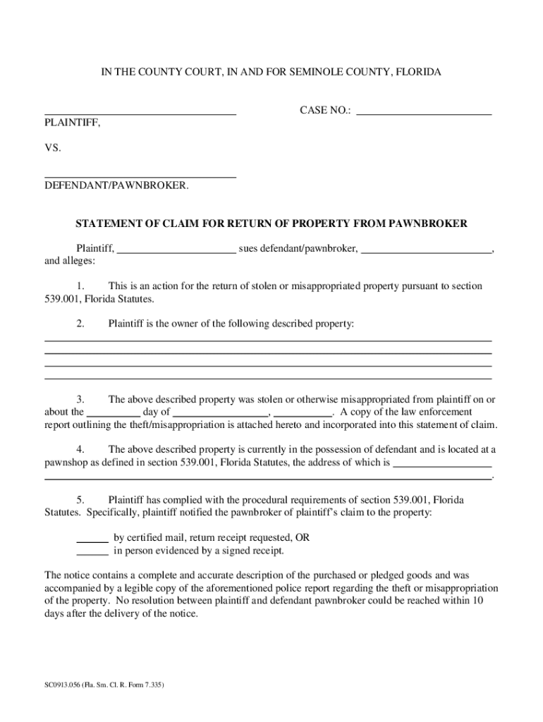 Fillable Online Statement Of Claim For Return Of Stolen Property From ...