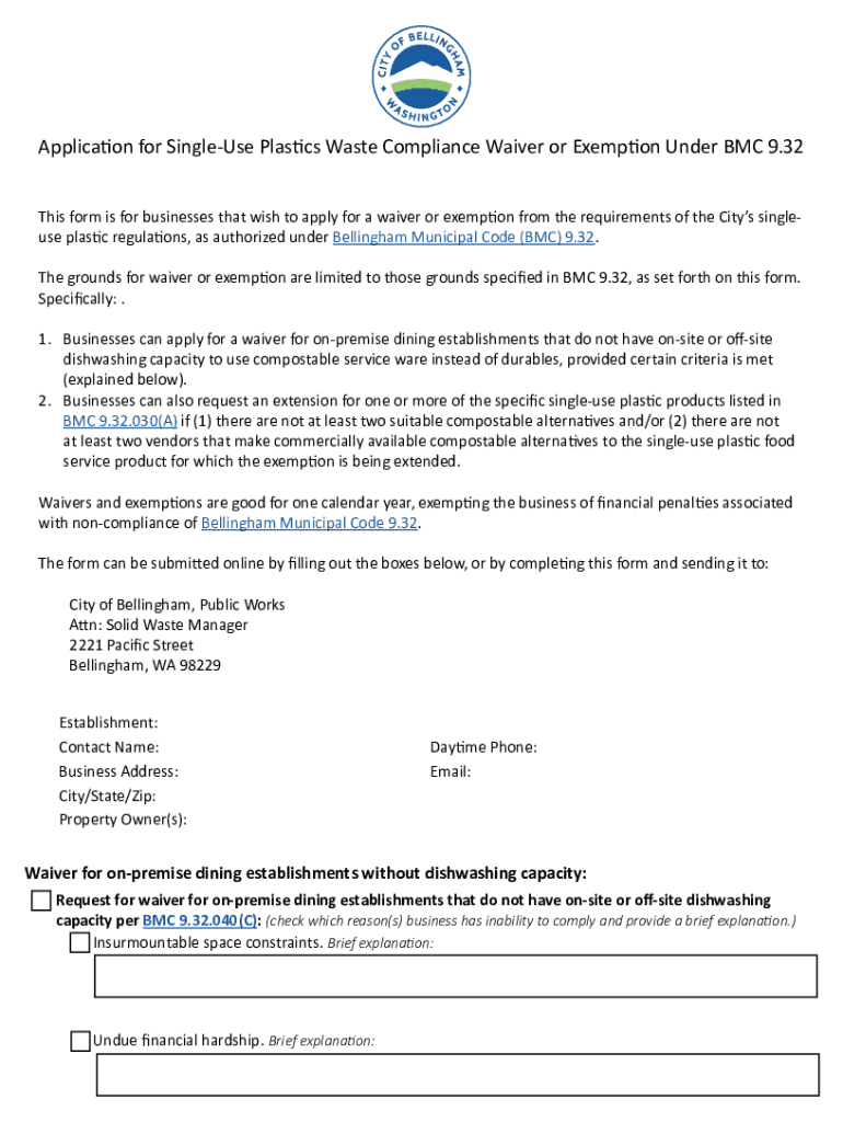 Fillable Online BMC 9.32 Single-Use Plastics Waste Compliance Waiver or ...