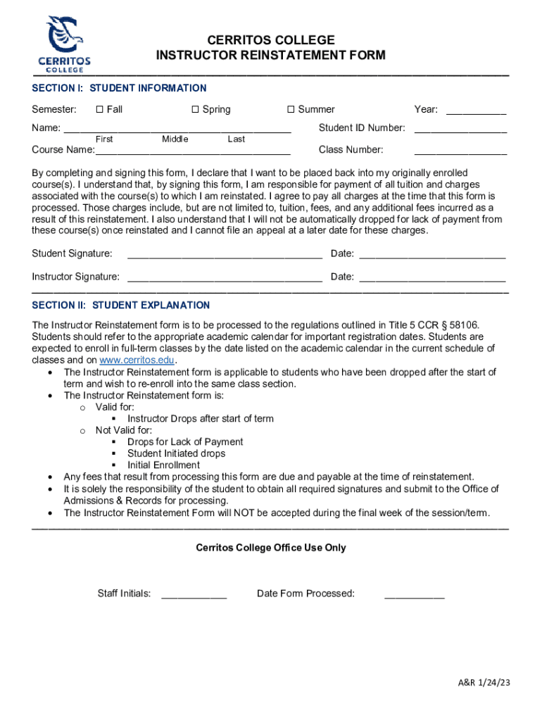 Fillable Online cerritos college instructor reinstatement form Fax Email Print - pdfFiller