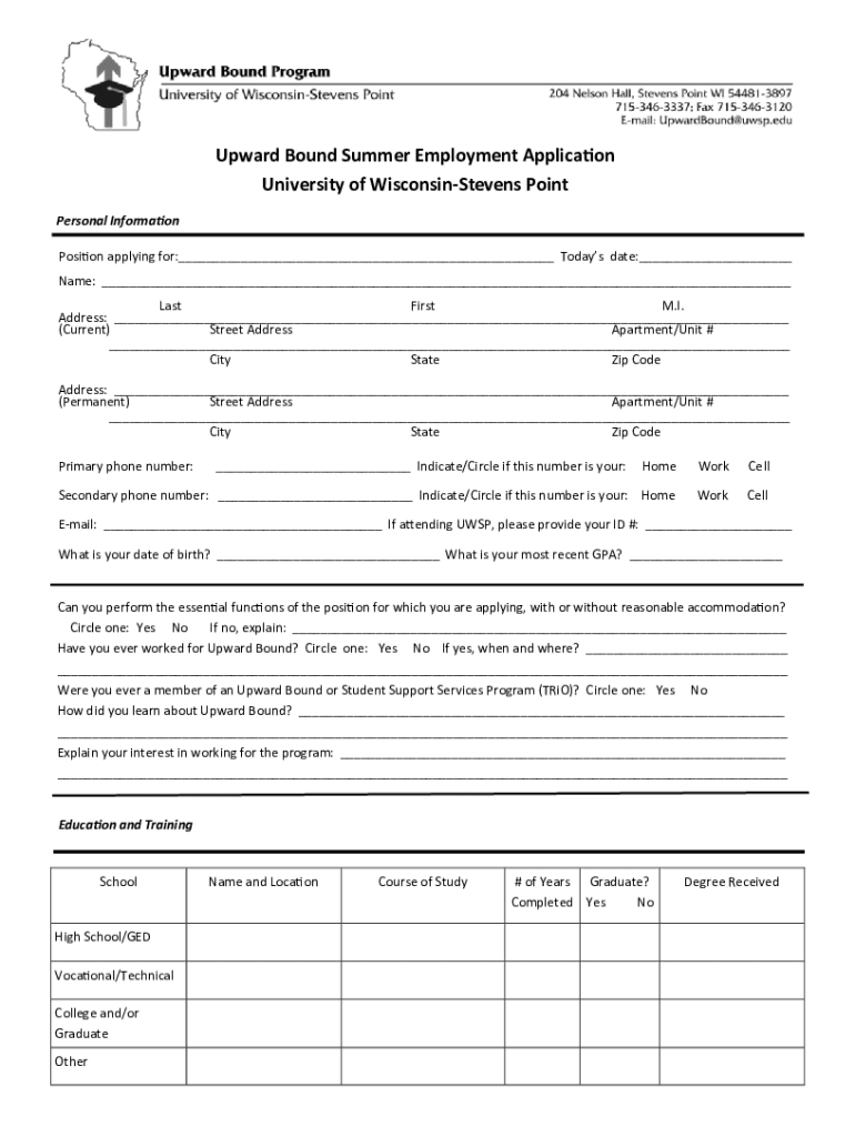 Fillable Online Upward Bound Summer Employment Application Fax Email ...
