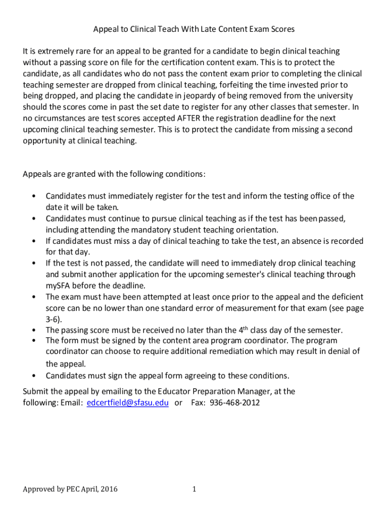 Fillable Online Appeal to Student Teach With Late Content Exam Scores ...