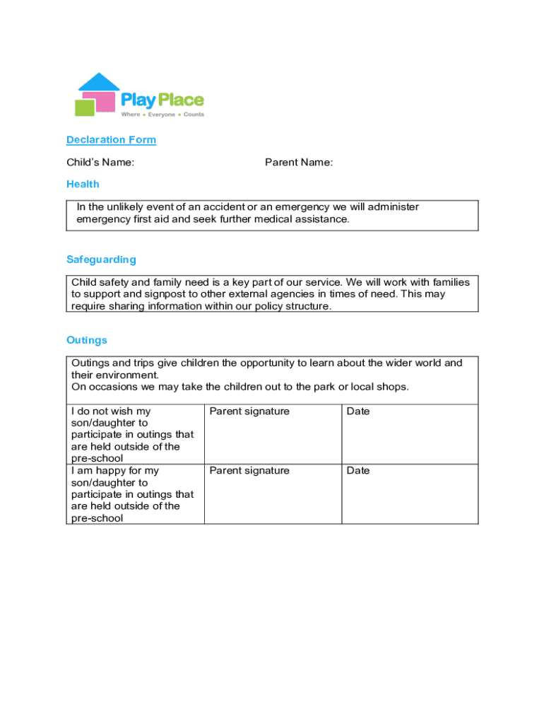 Fillable Online Declaration Form Child's Name: Parent Name Fax Email ...