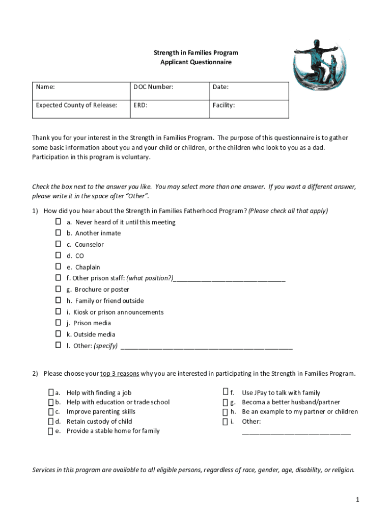 Fillable Online 1 Strength in Families Program Applicant Questionnaire ... Fax Email Print ...