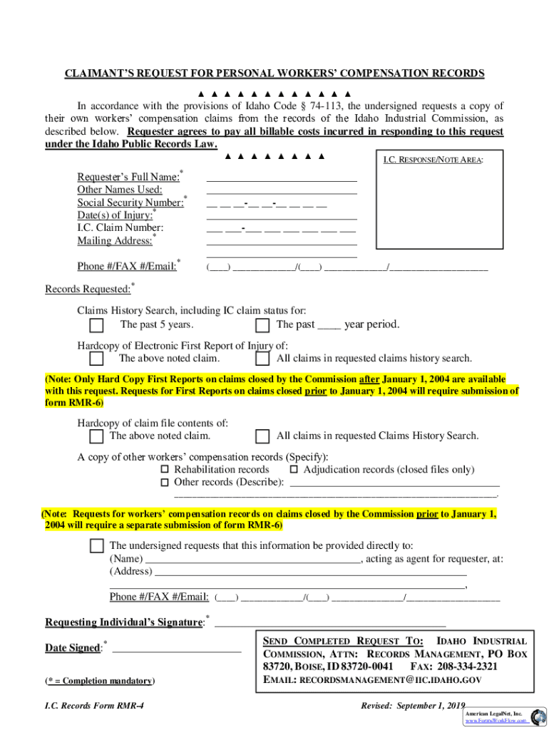 Fillable Online Claimants Request For Personal Workers Compensation ...