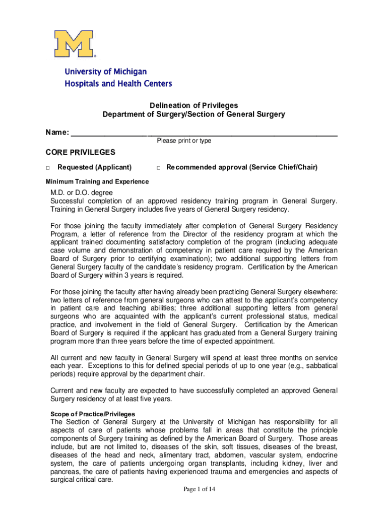 Fillable Online Delineation of Privileges Department of Surgery/Section ...