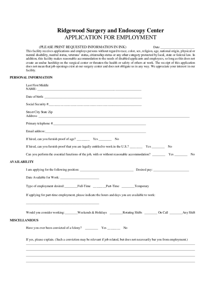 Fillable Online Ridgewood Surgery and Endoscopy Center APPLICATION ... Fax Email Print - pdfFiller