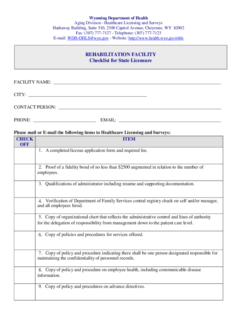 Fillable Online REHABILITATION FACILITY Checklist for State Licensure ...