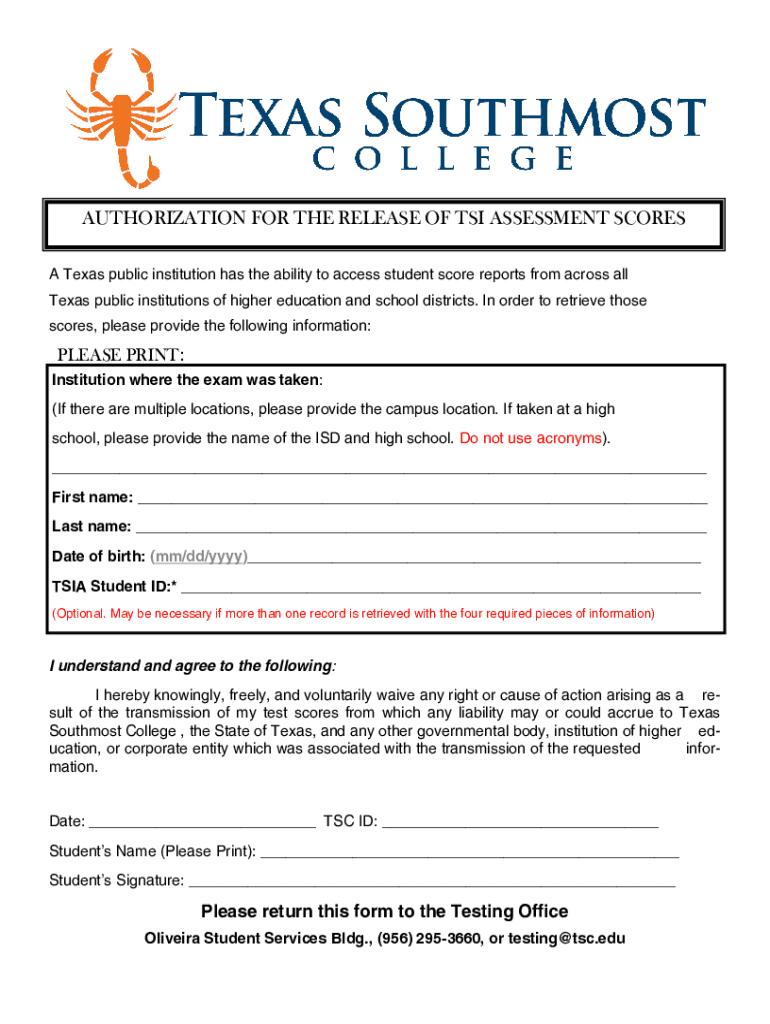 Fillable Online Authorization To Release TSI Assessment Test Scores Fax ...