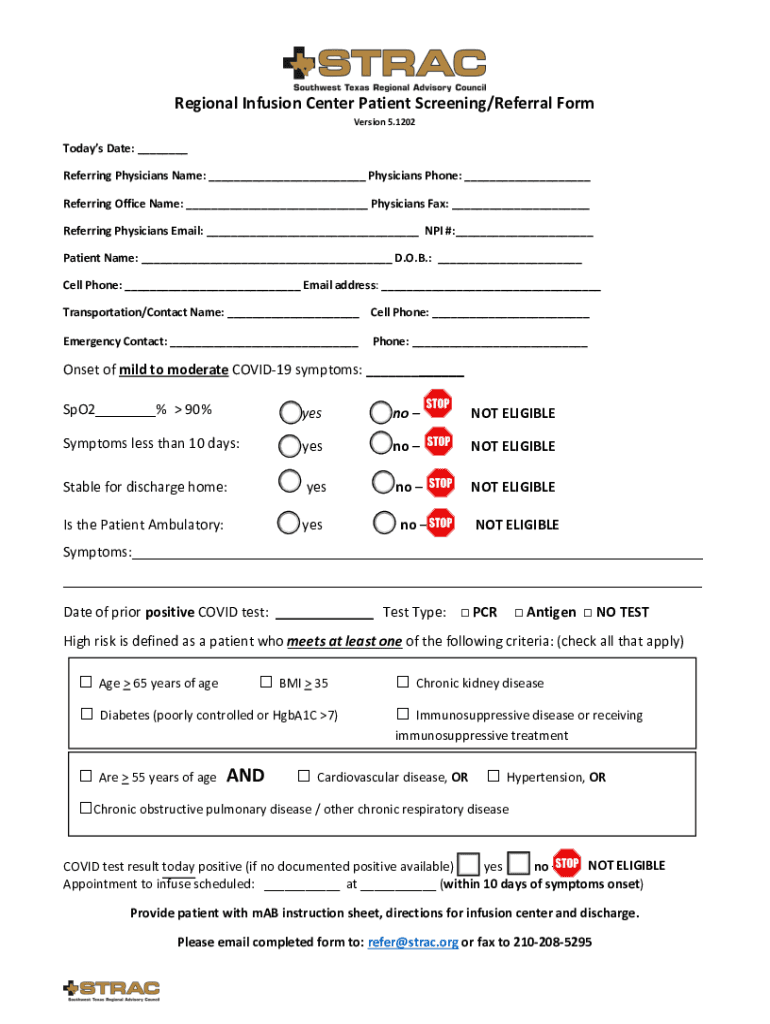 Fillable Online Regional Infusion Center Patient Screening/Referral Form Fax Email Print - pdfFiller