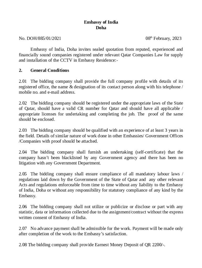 Fillable Online Embassy Of India Doha Invites Sealed Quotation From Reputed Experienced And