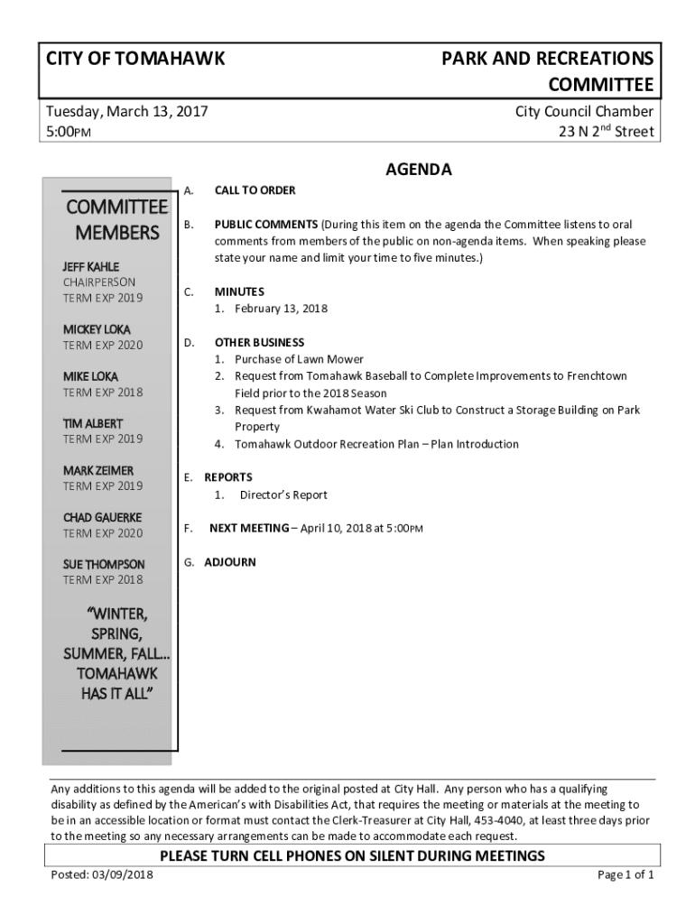 Fillable Online city of tomahawk park and recreations committee Fax ...