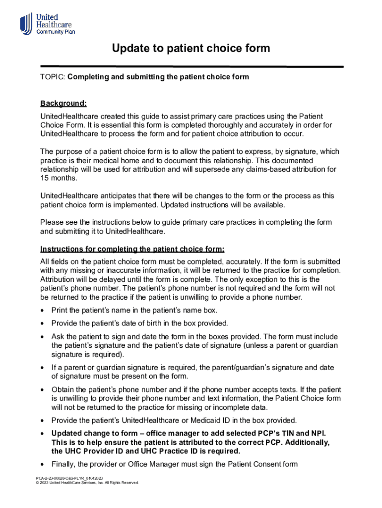 Fillable Online Patient Choice Form Instructions- UnitedHealthcare ...