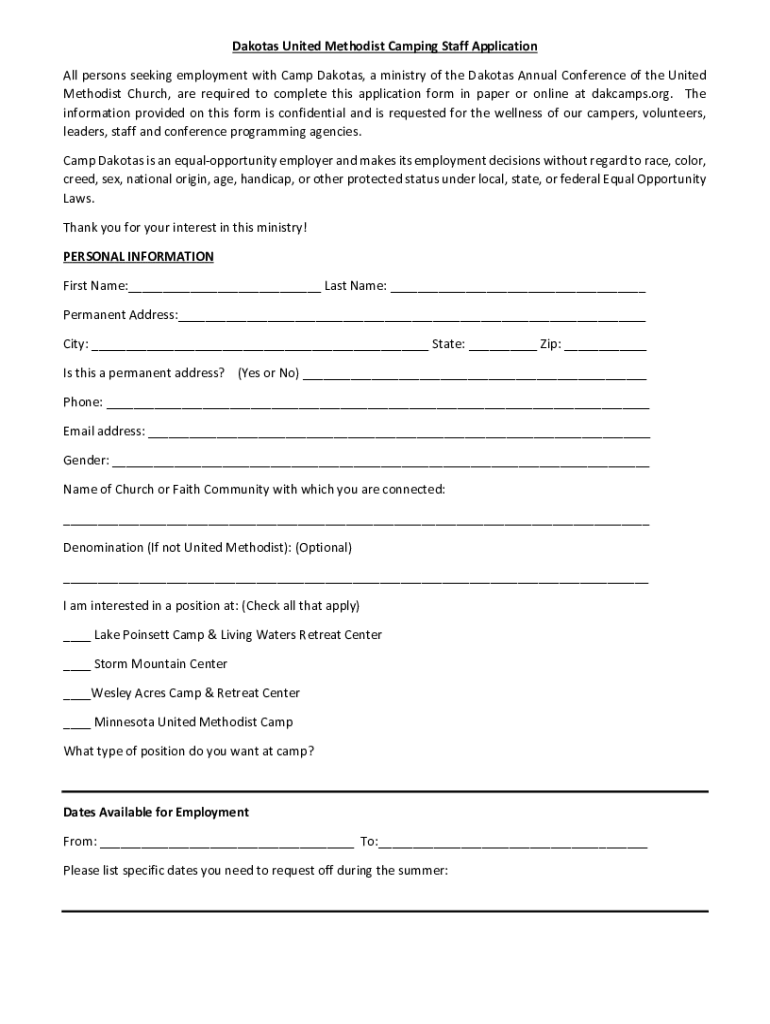 Fillable Online Dakotas United Methodist Camping Staff Application Fax ...