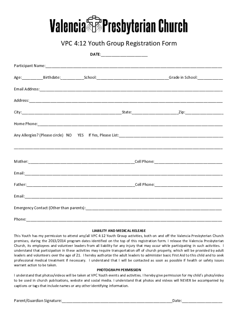 Fillable Online VPC 4:12 Youth Group Registration Form Fax Email Print ...