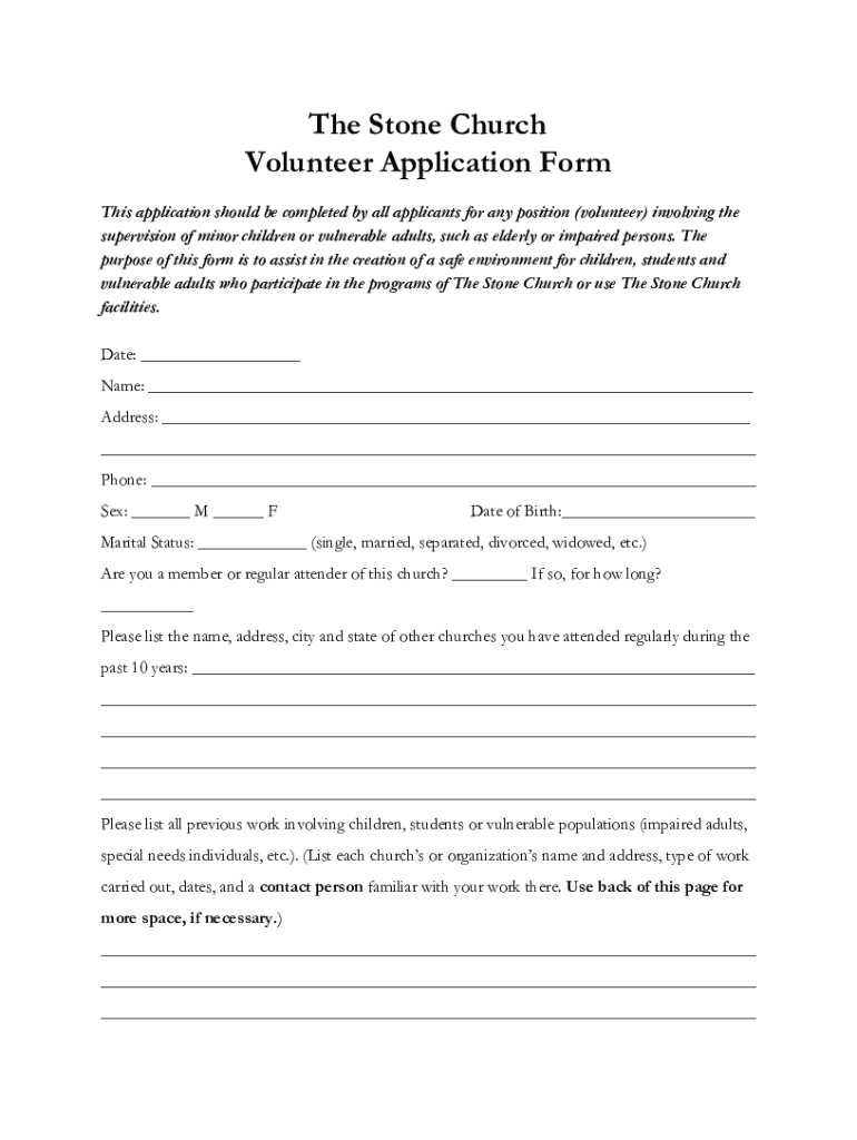 Fillable Online The Stone Church Student Volunteer Application Form Fax ...