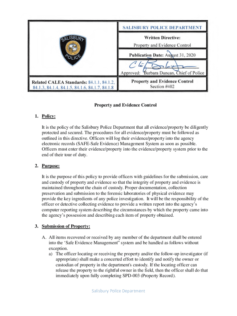 Fillable Online Salisbury Police Department Property and Evidence ...