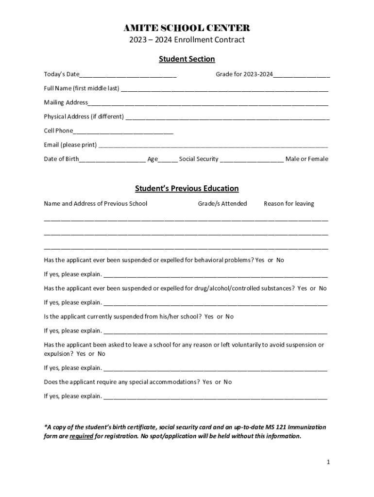 Fillable Online Student Contact Information Form - Amite School Center ...