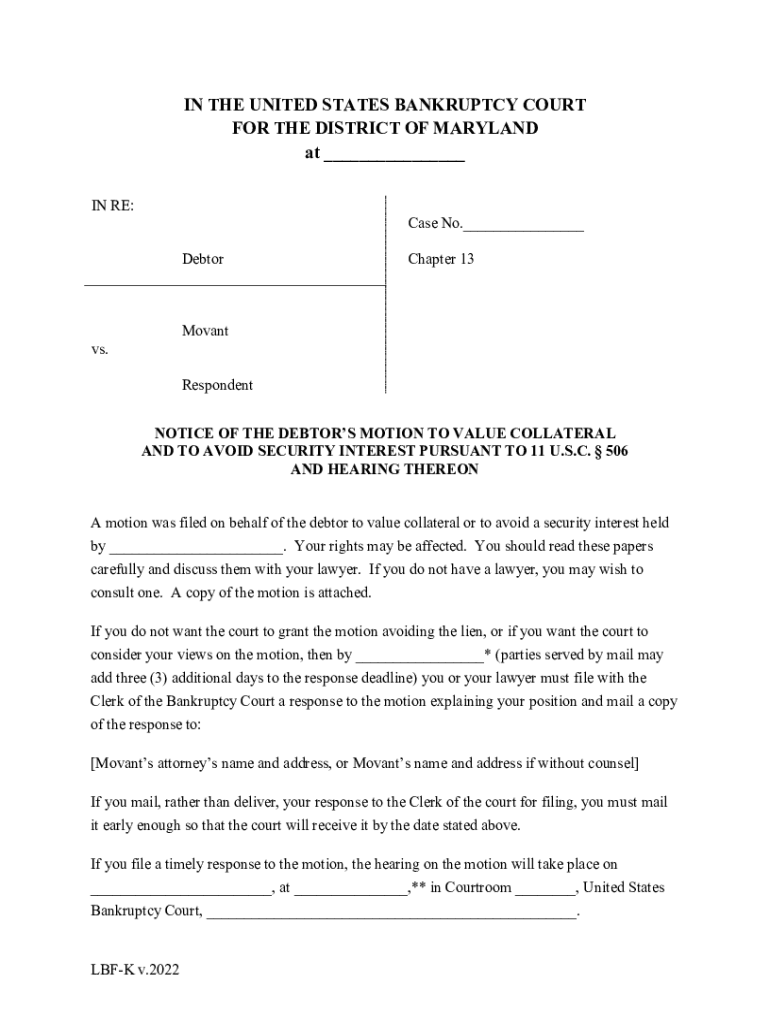 Fillable Online NOTICE OF THE DEBTORS MOTION TO VALUE COLLATERAL Fax ...