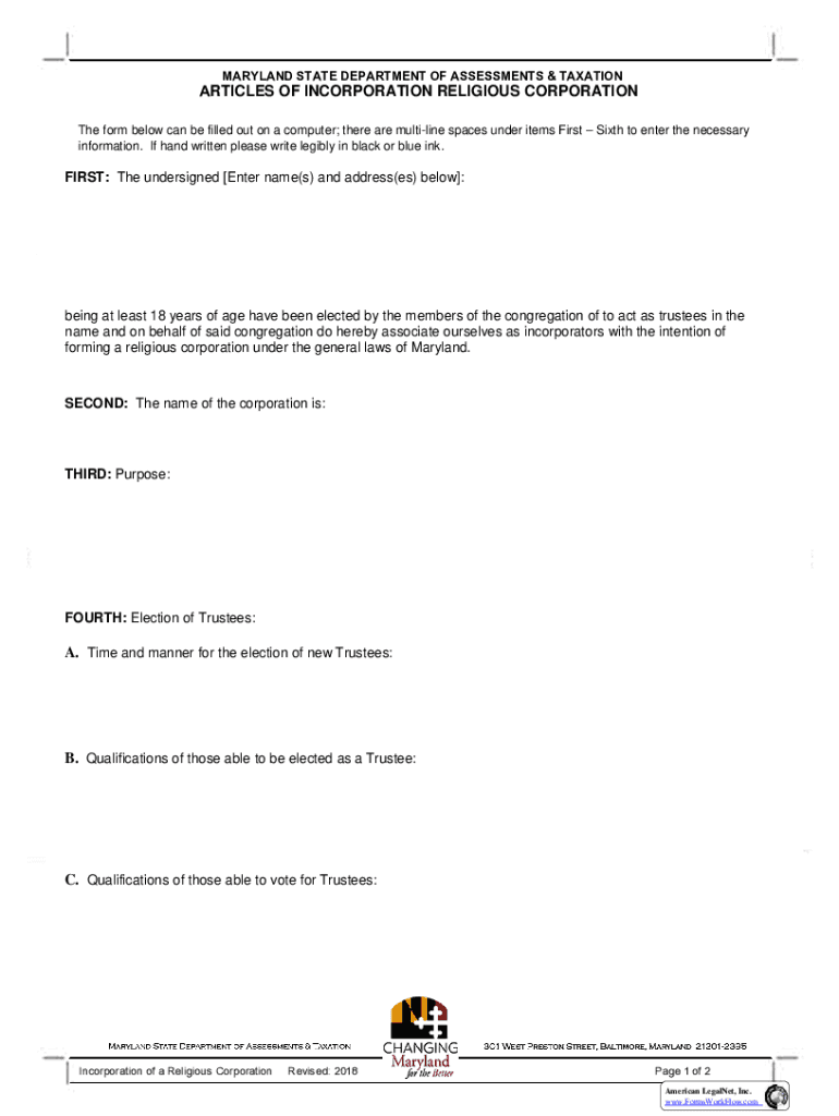 Fillable Online ARTICLES OF INCORPORATION RELIGIOUS CORPORATION Fax ...