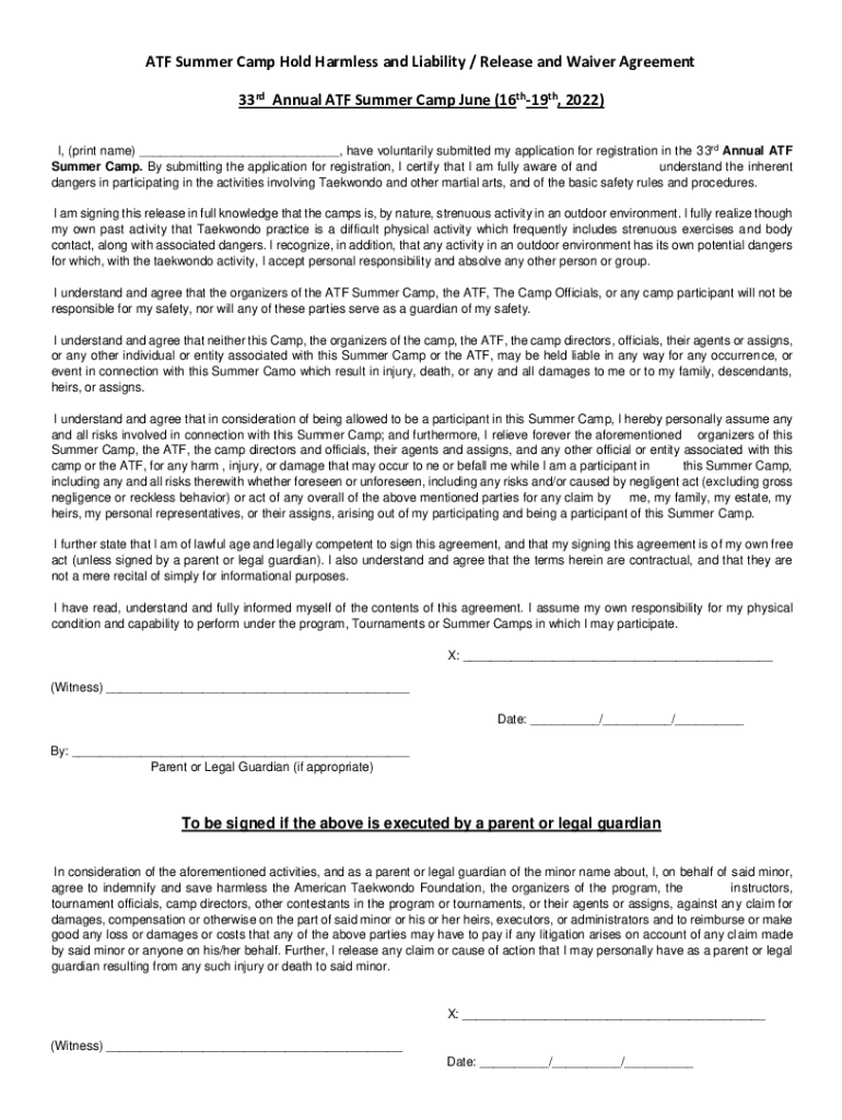 Fillable Online ATF Summer Camp Hold Harmless and Liability / Release ...