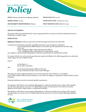 Fillable Online Cheque and Document Signing Authority POLICY NO: FIN-10 ...