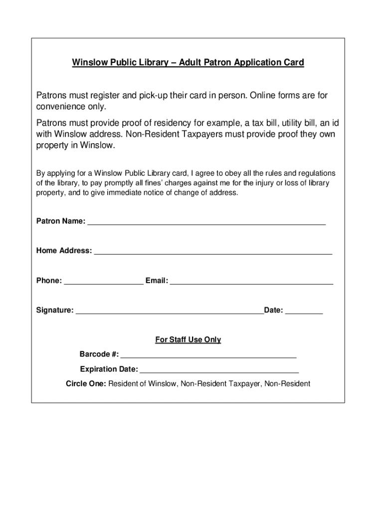 Fillable Online Winslow Public LibraryAdult Patron Application Card Fax ...