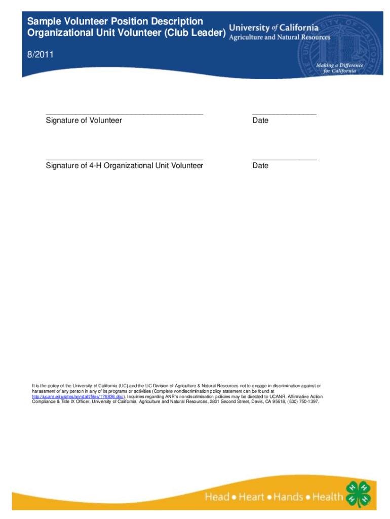 Fillable Online Sample Volunteer Position Description Organizational ...