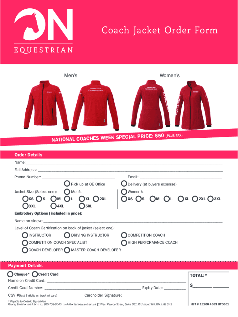 Fillable Online Coach Jacket Order Form Fax Email Print - pdfFiller