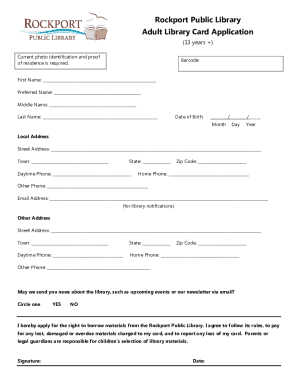 Fillable Online Rockport Public Library Adult Library Card Application ...
