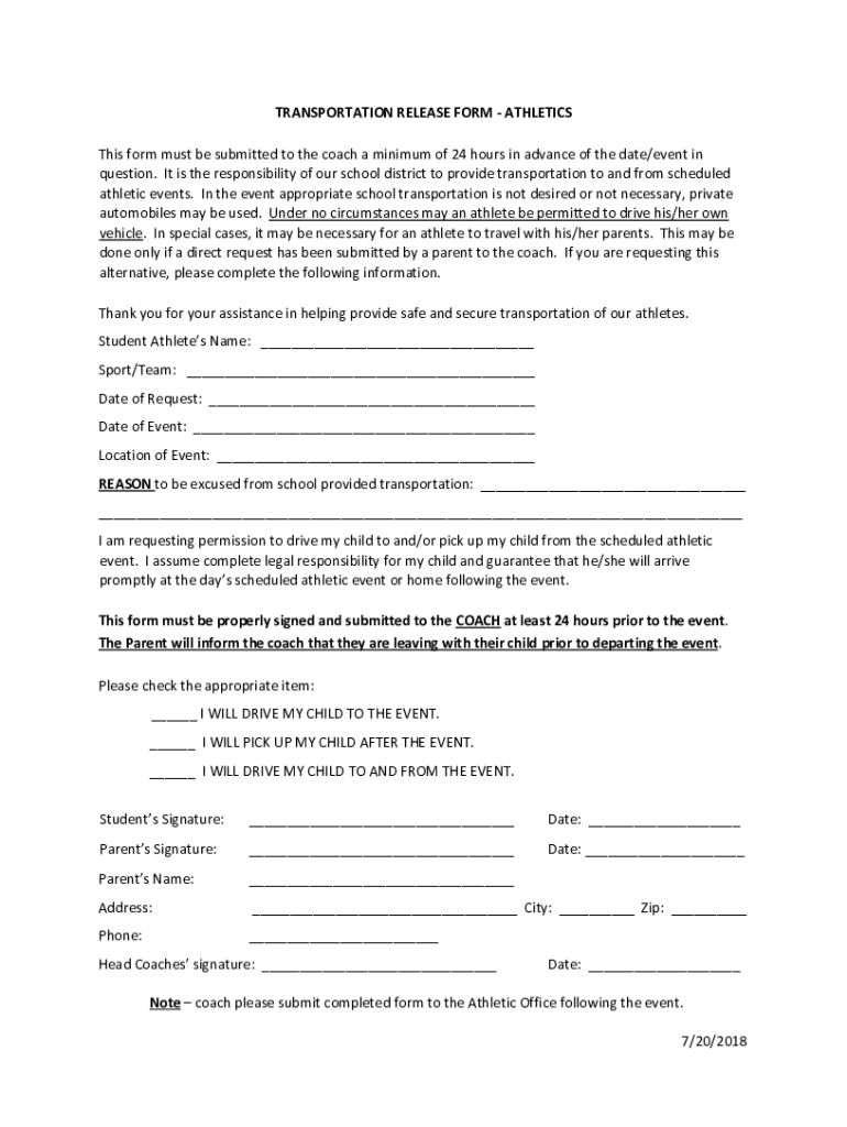 Fillable Online transportation release form - athletics Fax Email Print - pdfFiller