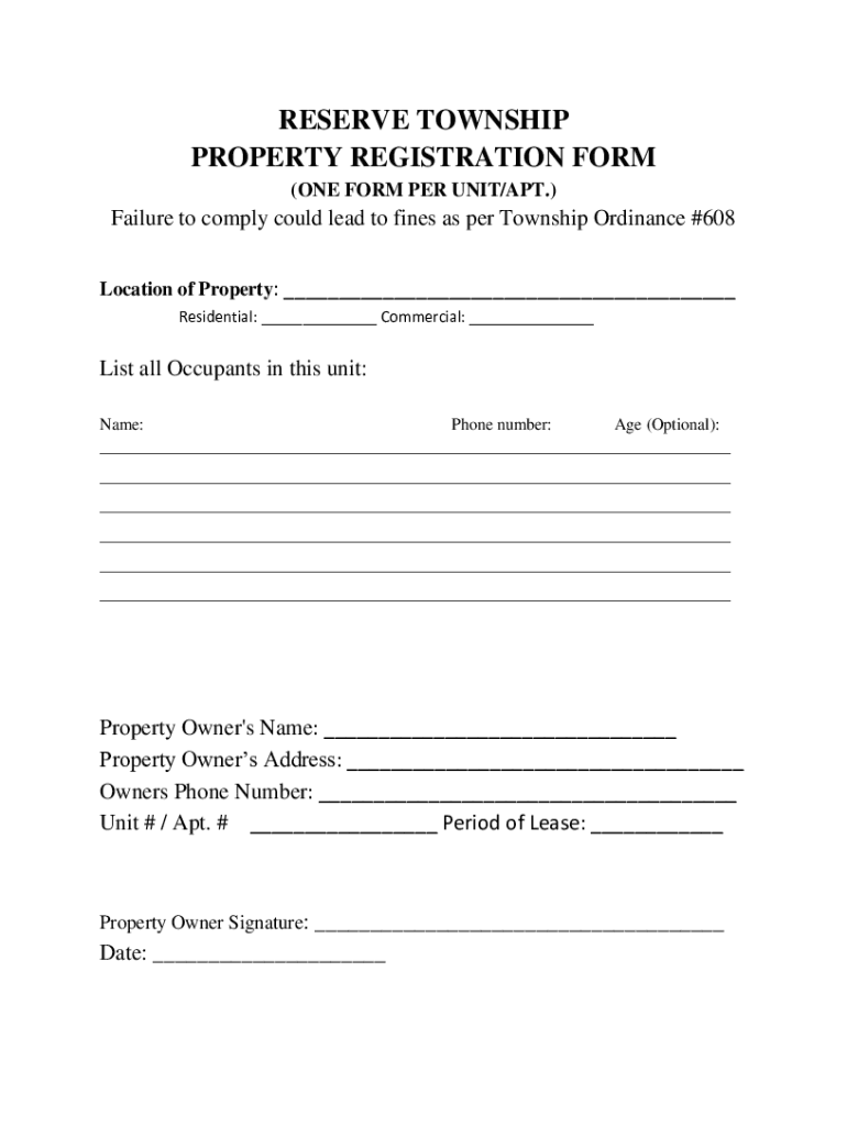 Fillable Online RESERVE TOWNSHIP PROPERTY REGISTRATION FORM Fax Email ...