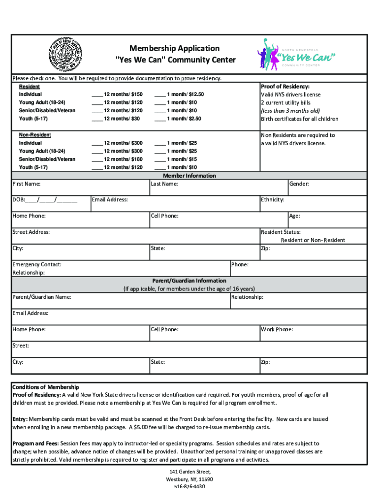 Fillable Online Membership Application "Yes We Can" Community Center Fax Email Print - pdfFiller