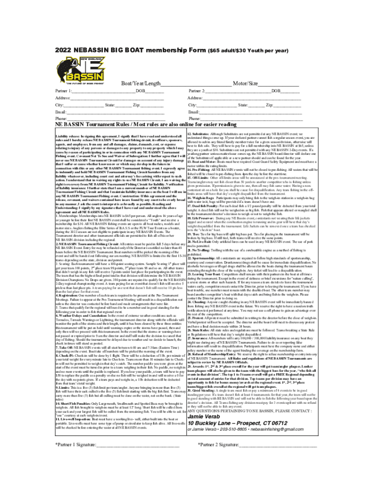 Fillable Online 2022 NEBASSIN BIG BOAT membership Form ($65 adult ...