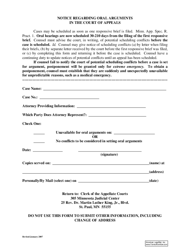 Fillable Online notice regarding oral arguments in the court of appeals ...