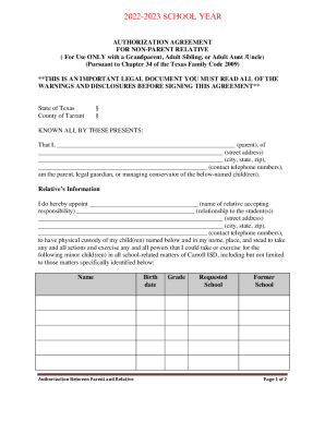 Fillable Online Authorization agreement for nonparent texas: Fill out ...
