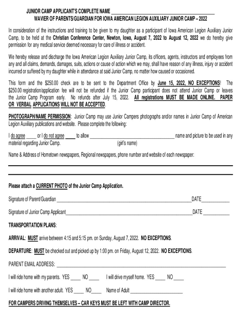Fillable Online AMERICAN LEGION AUXILIARY JUNIOR CAMP APPLICATION Fax ...