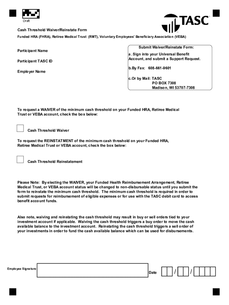 Fillable Online FHRA Cash Threshold Waiver/Reinstate Form (62124 ...