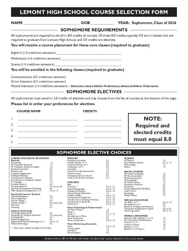 Fillable Online lemont high school course selection form Fax Email ...