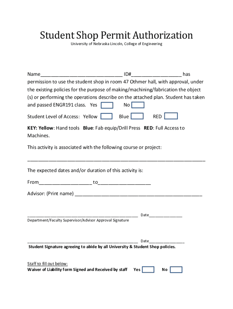 Fillable Online engineering unl Student-Shop-Authorization-Form.docx Fax Email Print - pdfFiller