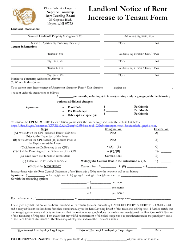 Fillable Online Landlord Notice of Rent Increase to Tenant Form Fax ...