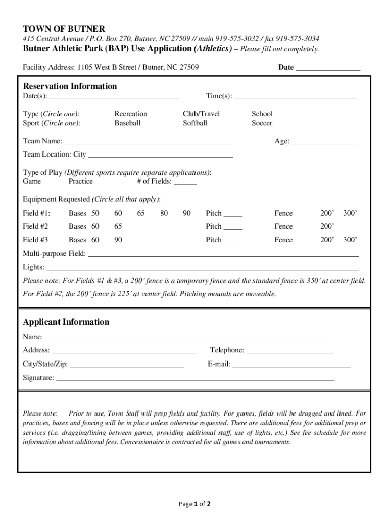 Fillable Online Butner Athletic Park (BAP) Use Application (Athletics ...