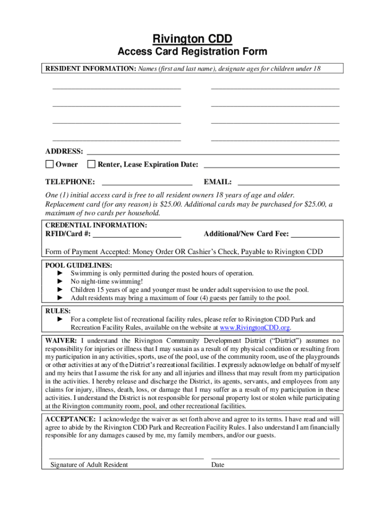 Fillable Online Rivington CDD - Access Card Registration Form Fax Email ...