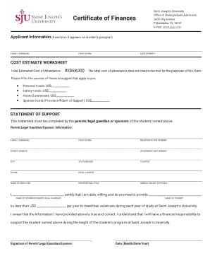 Fillable Online Certificate of Finances - Admission - Saint Joseph's University Fax Email Print ...