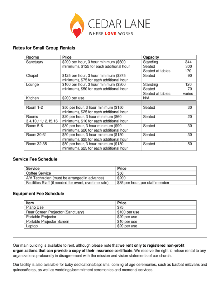 Fillable Online Rates for Small Group Rentals Service Fee Schedule ...